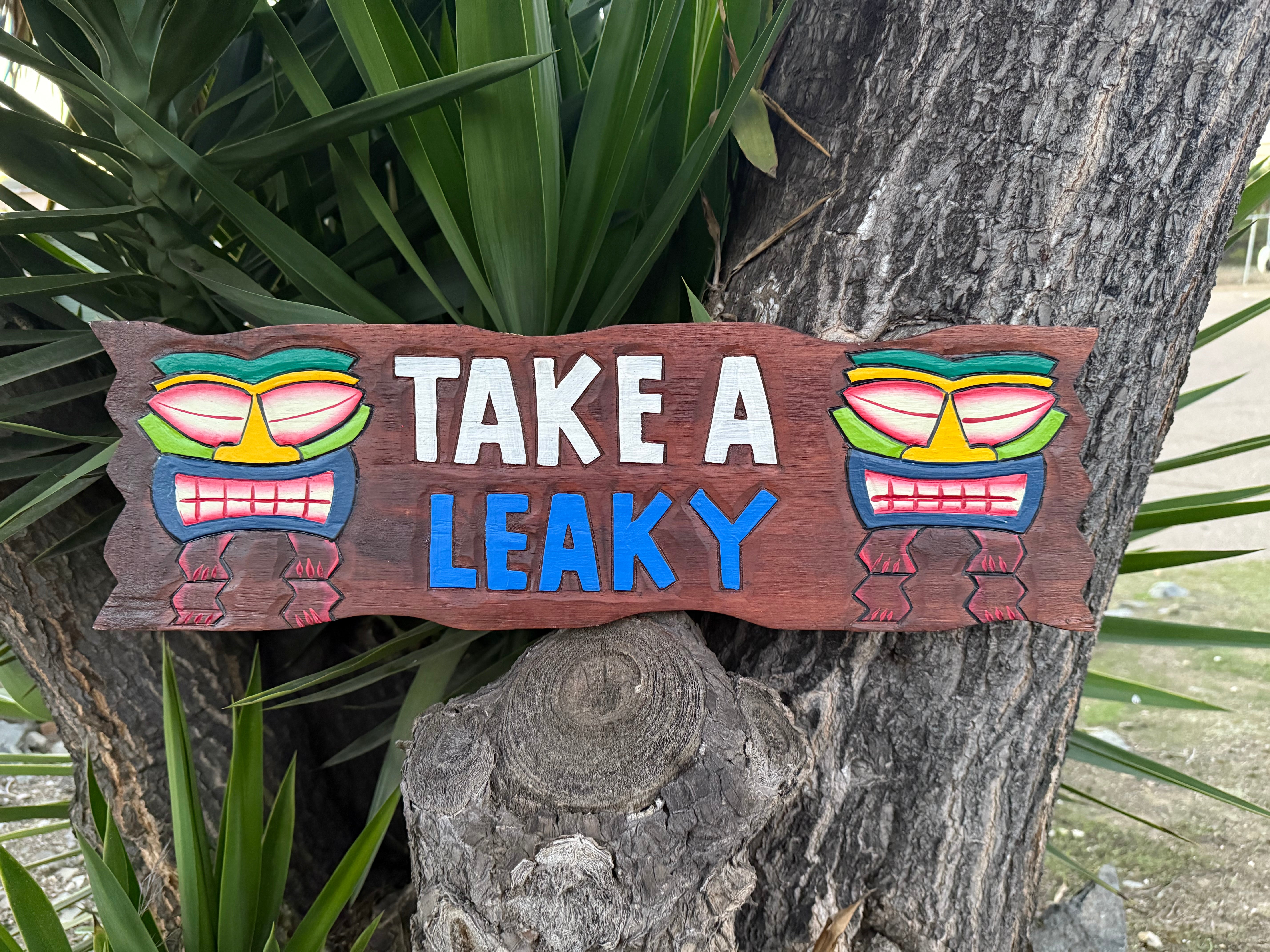 Take a Leaky Wood Carved Tropical Restroom Sign 22"x 8" – The Tiki Stop